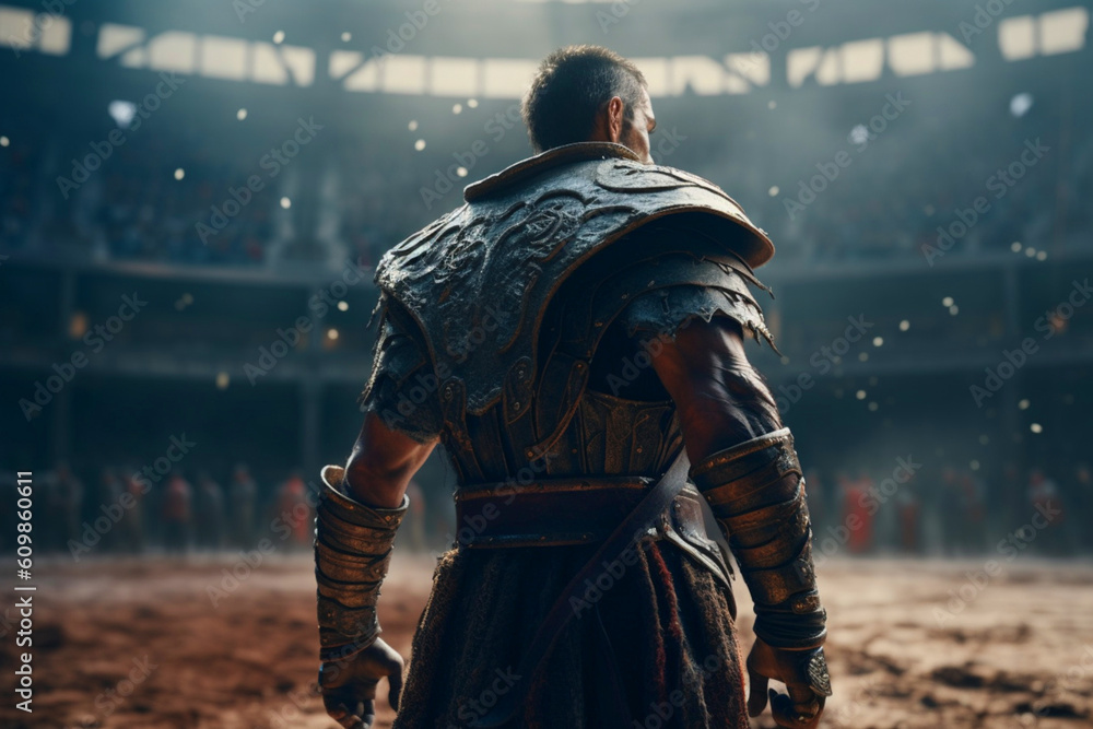 Ancient Roman gladiator enters the arena for fighting, against the ...