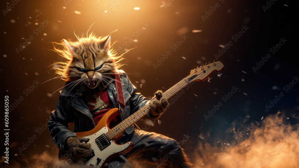 Hard rock metal guitarist cat with unruly long fur hair and cool ...