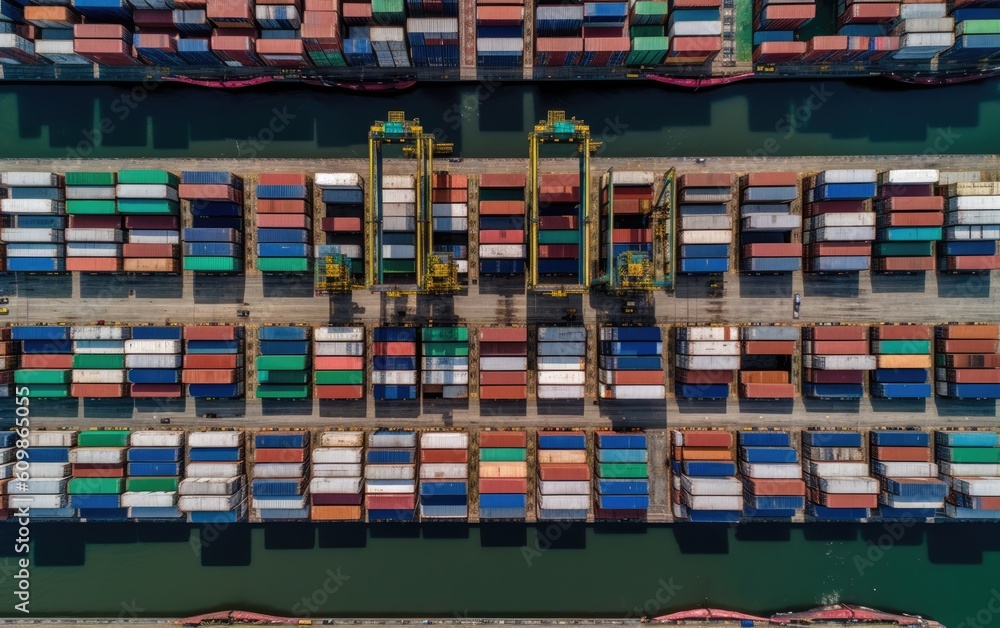 Aerial view of Containers yard in port congestion with ship vessels are ...