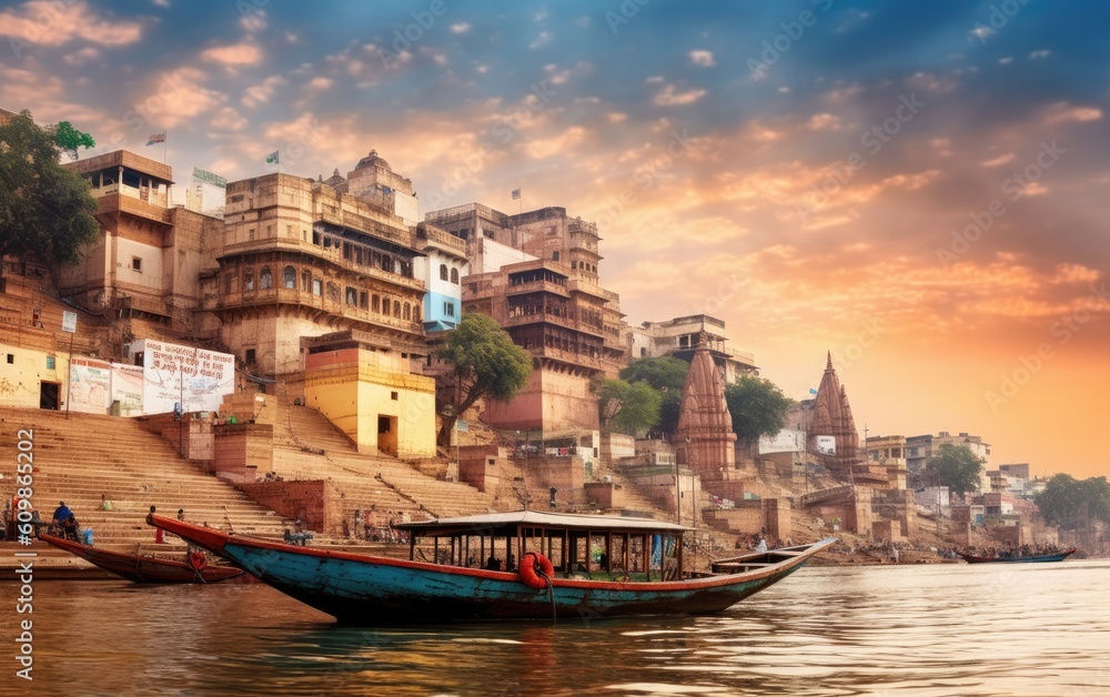 Varanasi city with ancient architecture. View of the holy Manikarnika ...