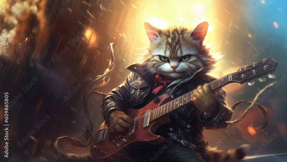 Hard rock metal guitarist cat with unruly long fur hair and cool ...