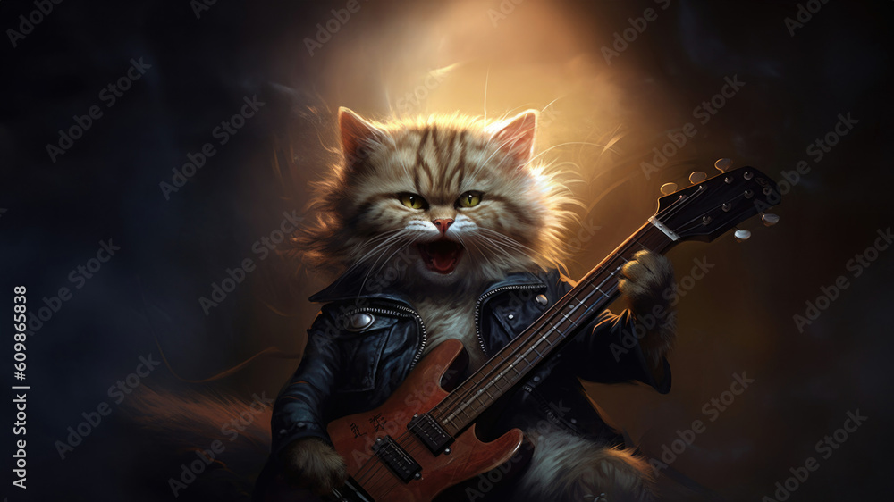 Hard rock metal guitarist cat with unruly long fur hair and cool ...