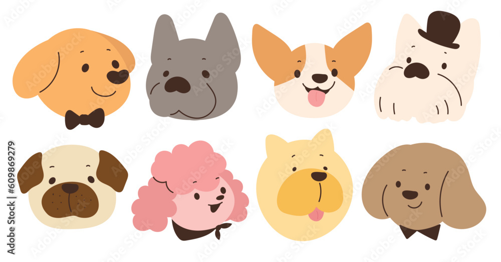 Cute and smile dog heads doodle vector set. Comic happy dog faces ...