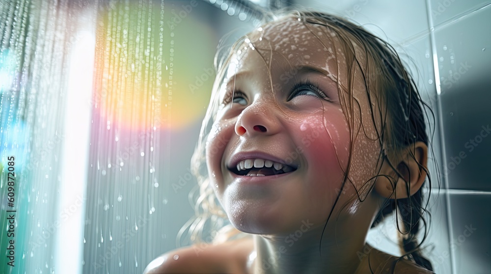 Happy little girl taking shower in bathroom colorful sunlight bokeh background, close up smiling ...