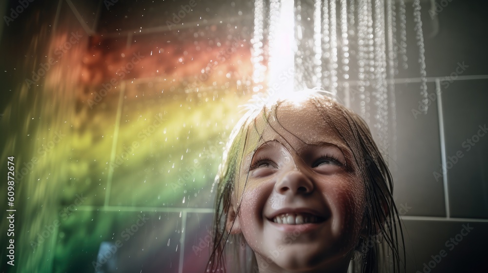Happy little girl taking shower in bathroom colorful sunlight bokeh background, close up smiling ...