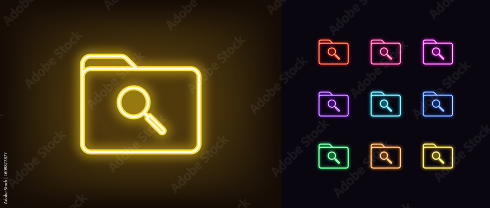 Outline neon folder search icon set. Glowing neon file folder with ...