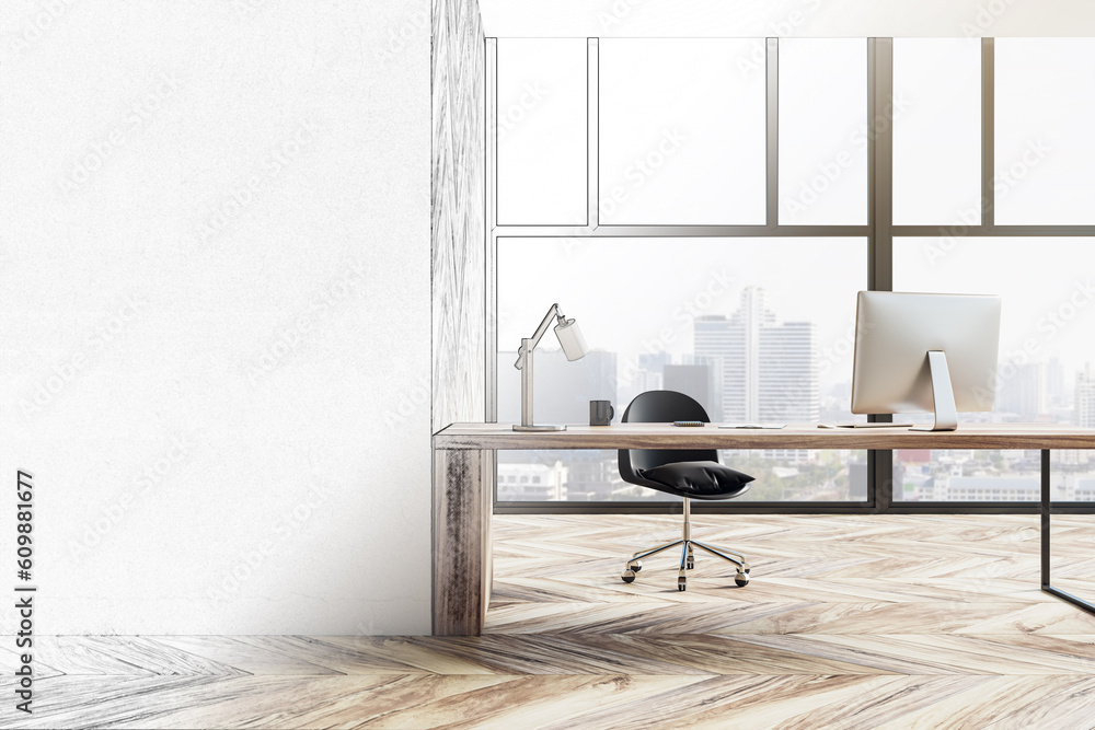 Sketch of modern office interior with mock up place, wooden flooring ...