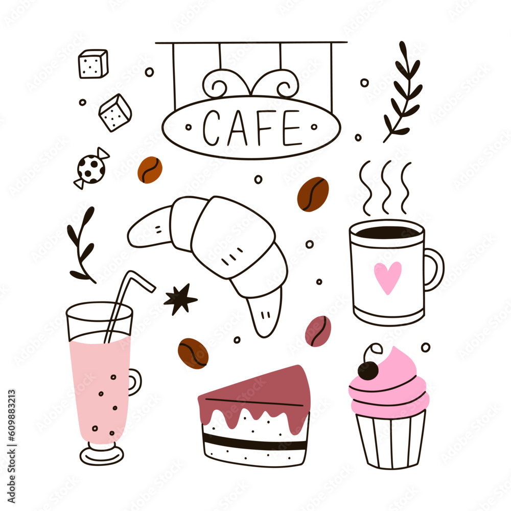 Cafe vector clipart. Coffee cup, croissant, cake, cupcake, cocktail ...