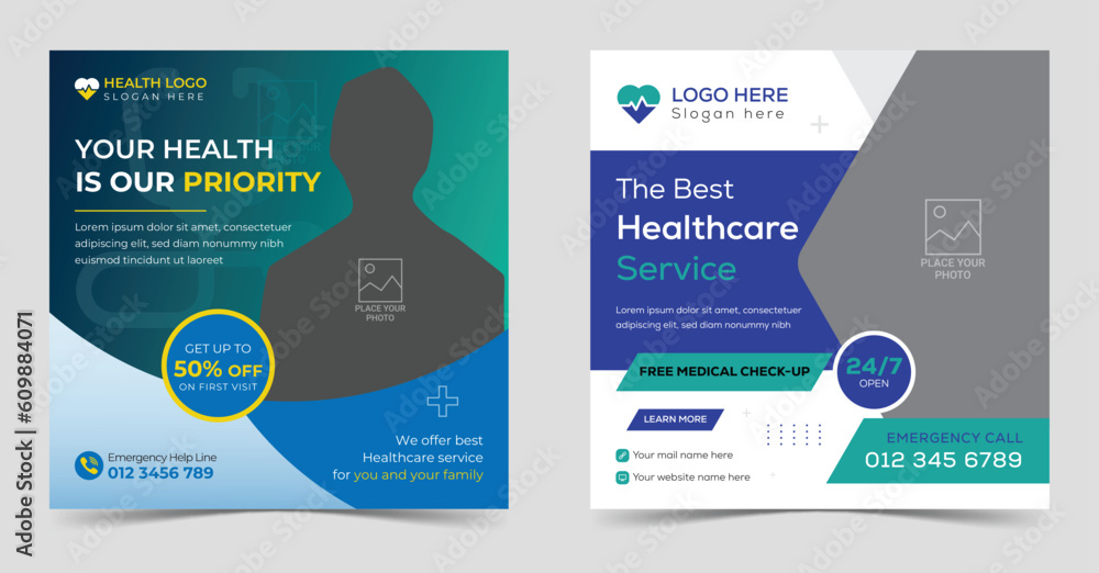 Medical healthcare and dental promotion social media post layout set ...