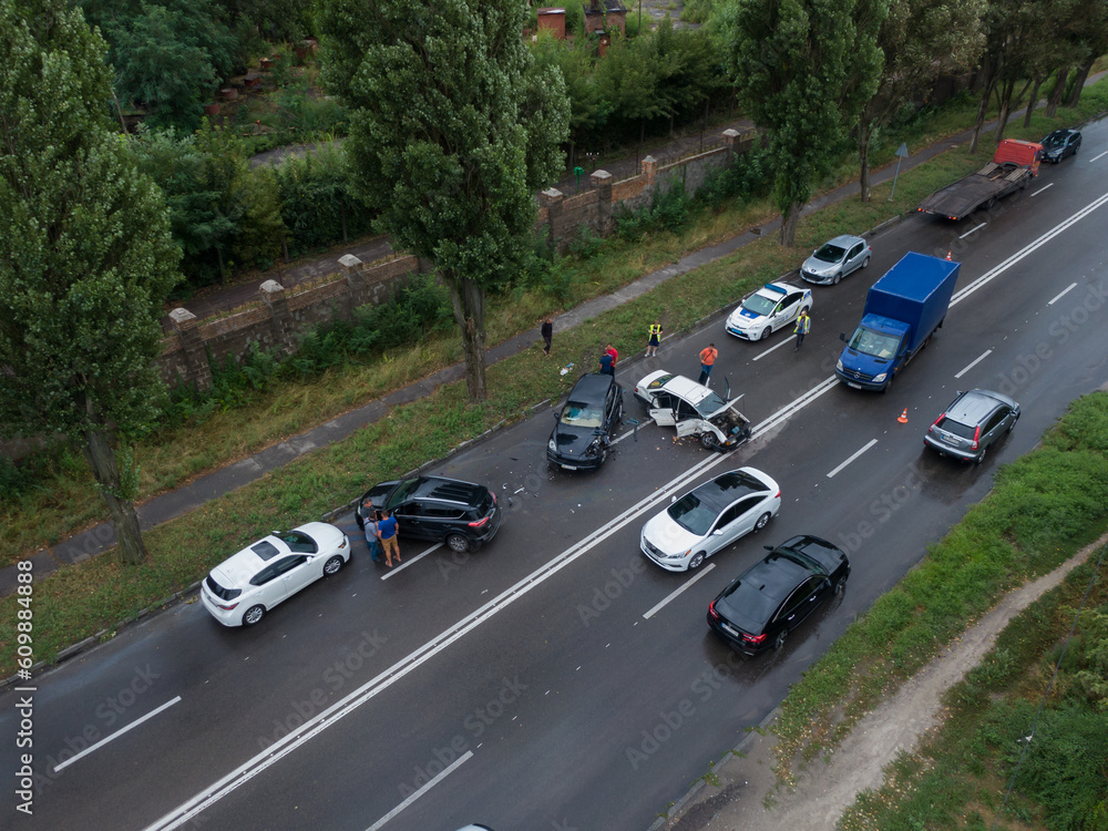 Head-on collision accident. Top view of the road. Severe accident ...