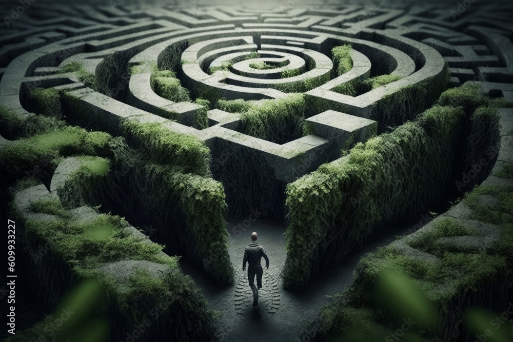 man lost in a complex labyrinth, surreal abstract concept, moss covered ...