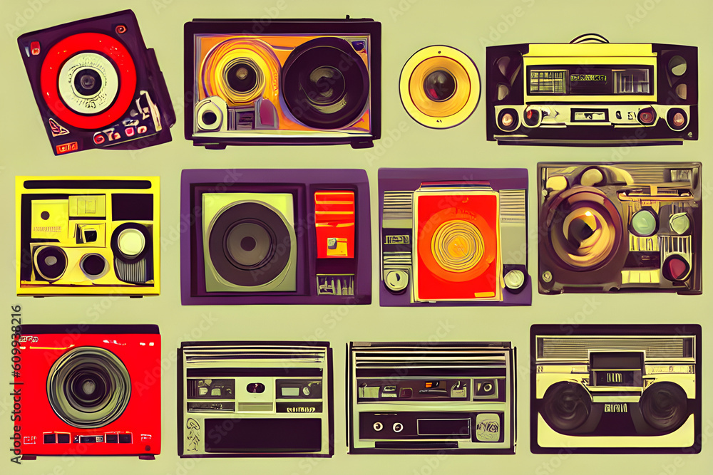 Pop art collage of vintage radios, record players, projectors, vhs ...