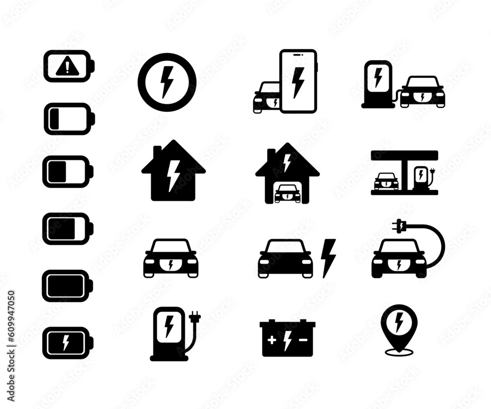 black and white clean enery electric car simple flat design icon set ...