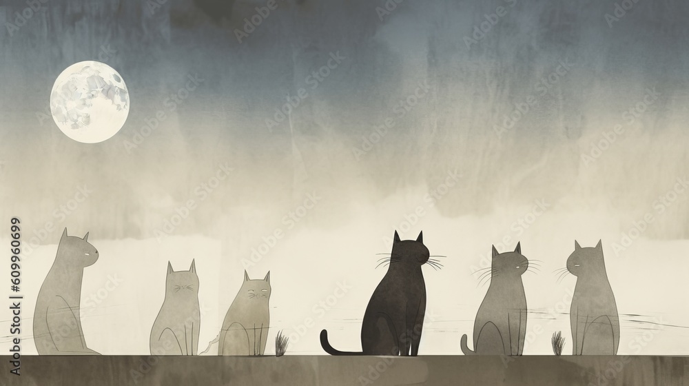 cats howling at the moon, light beige, light blue and white colors, cat ...