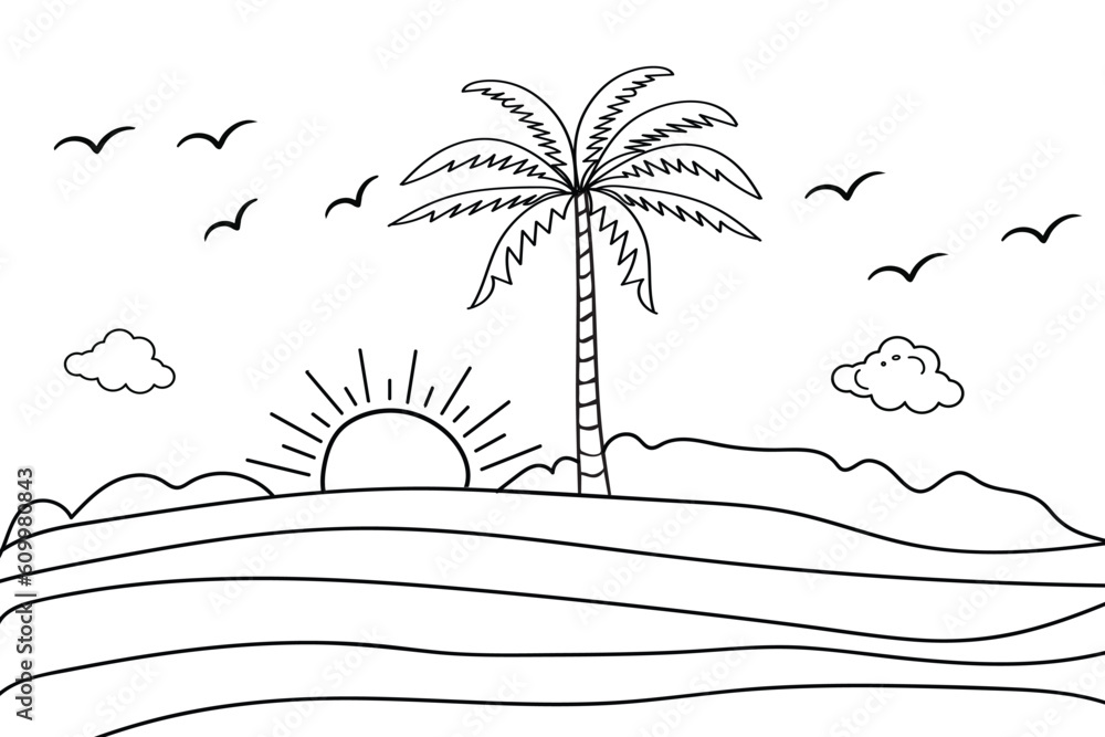 Summer sunset tropical beach line art vector illustration, hand drawn ...