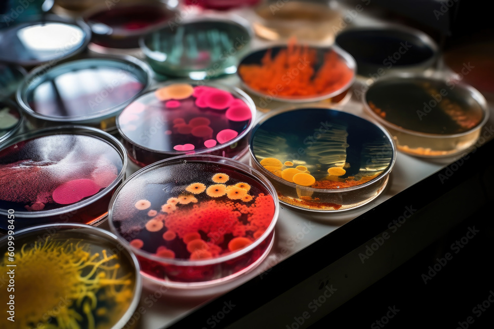 Colorful variety of microorganism inside petri dish plate in laboratory ...