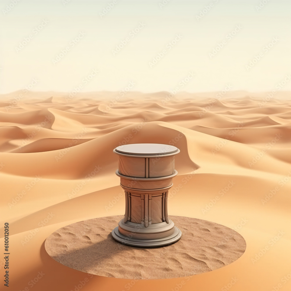 3d round podium on a sandy desert product background. Realistic pastel ...