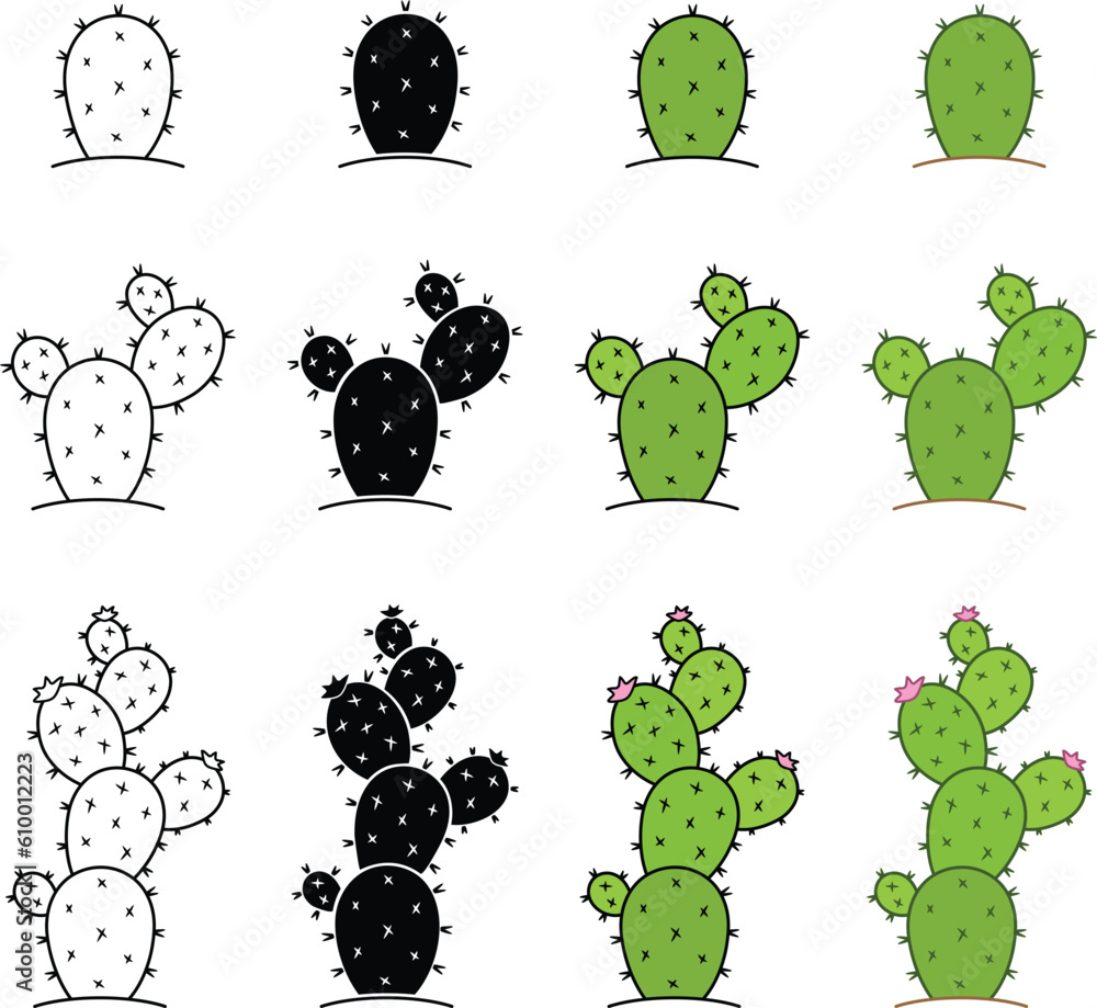 เวกเตอร์ Stock Cute Spikey Cactus Clipart Set - Outline, Silhouette ...