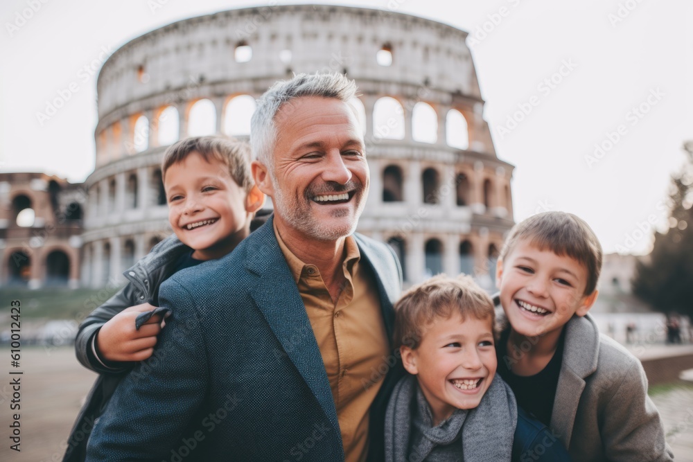 Portrait of happy father and children in front of Colosseum in Rome ...
