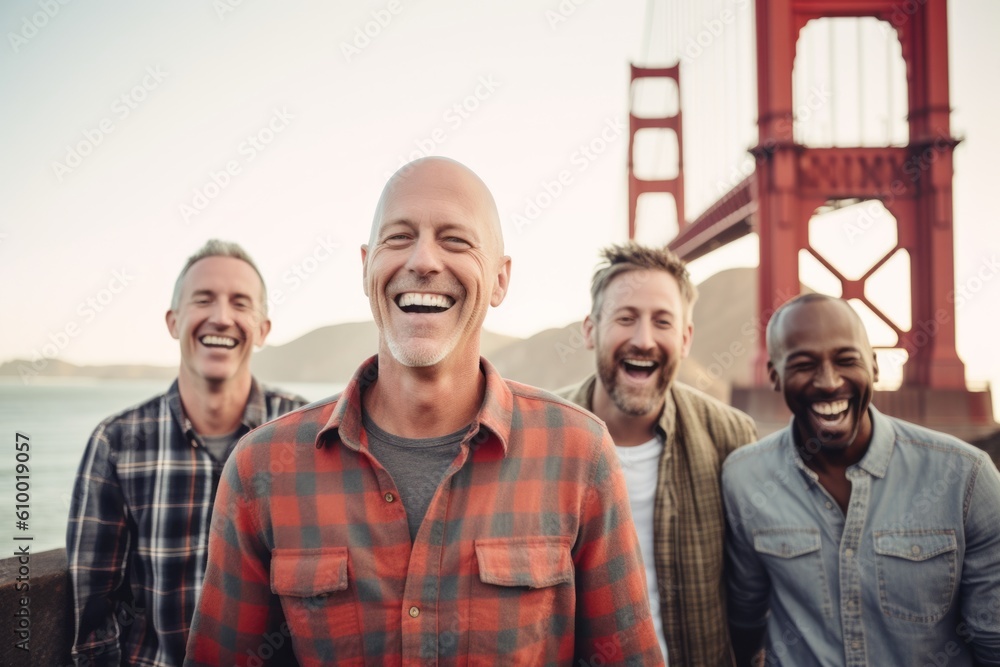 Portrait of happy men laughing and looking at camera while standing on ...