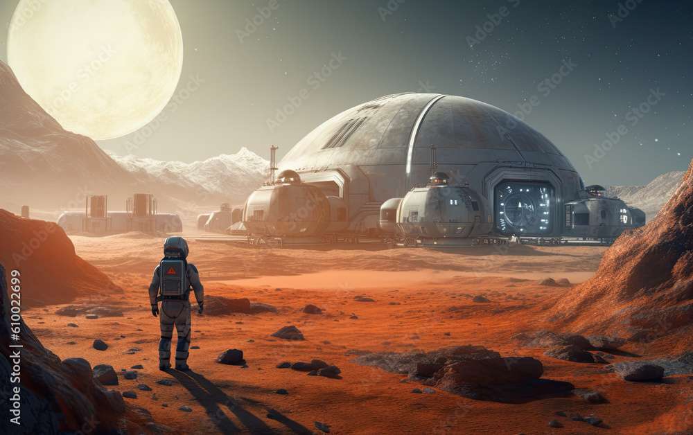 Astronaut walking over Mars towards a futuristic space station with the ...