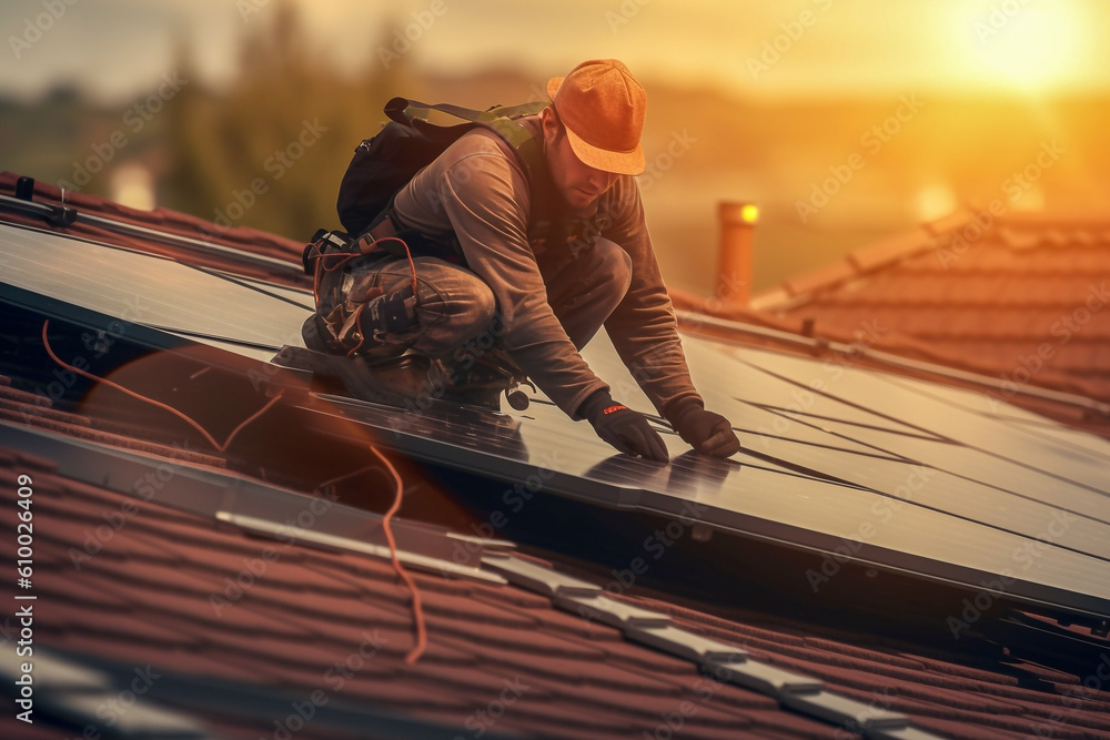 Installer worker is mounting solar panels on the roof of a building ...