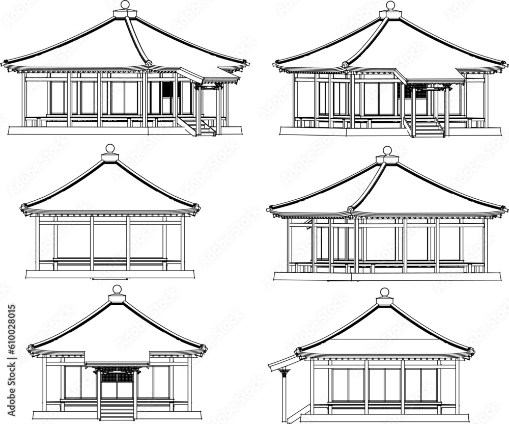 Japanese traditional wooden temple cartoon illustration vector sketch ...