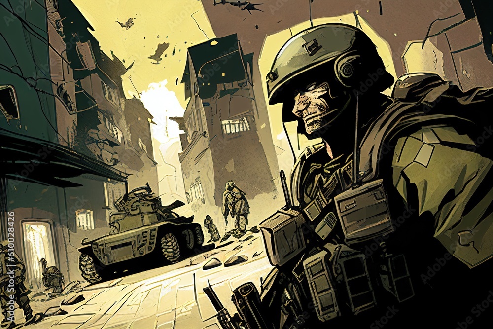 Soldier At War Modern Futuristic Era With Dramatic Explosions and ...