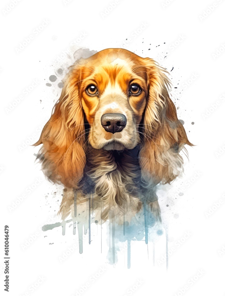 Watercolor cartoon illustration of a cute English Cocker Spaniel puppy ...