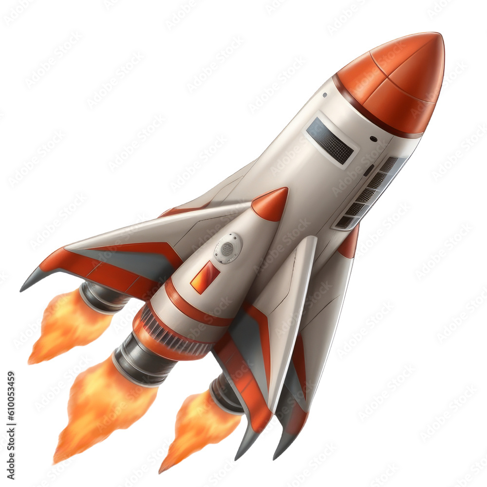 An illustration of a spaceship/rocket ship taking off with fire on a ...