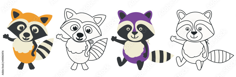 Vector set of clipart illustrations icons of cute cartoon raccoons and ...