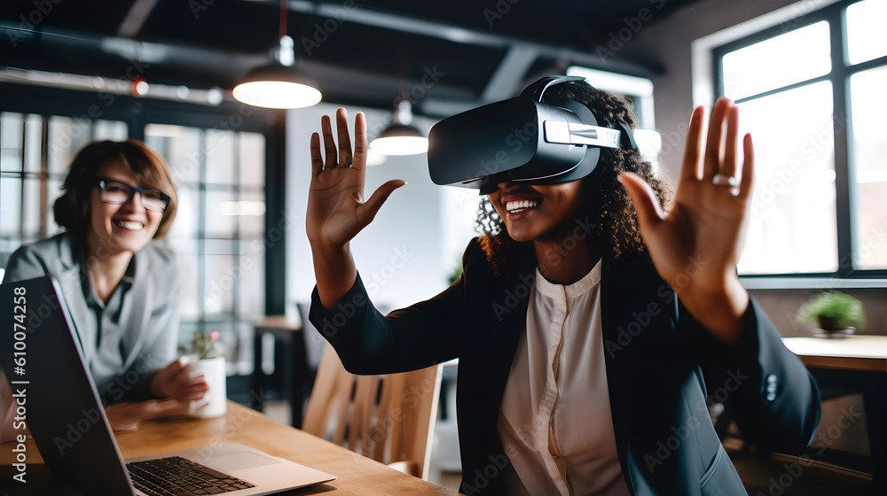 Young woman entrepreneur wearing virtual reality glasses greets her ...
