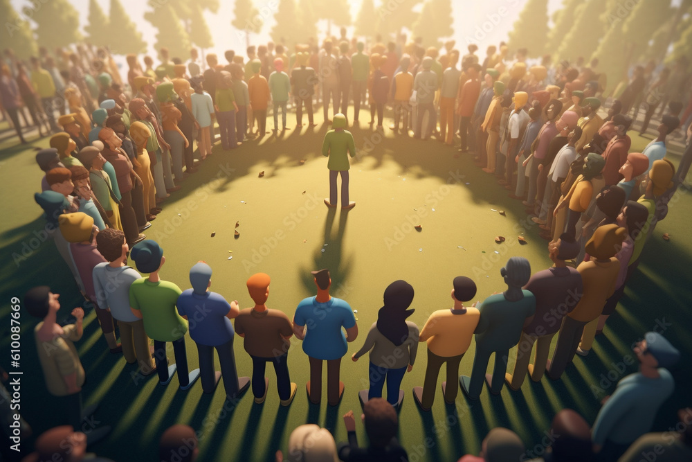 An animated, cartoon-like illustration of a giant circle filled with a ...