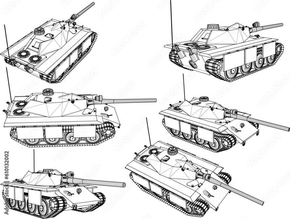 Vector illustration cartoon sketch of tank fighting vehicle with cannon ...