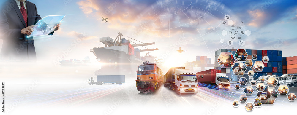 Smart technology logistics concept, Businessman touching virtual screen ...