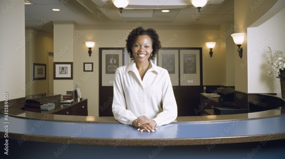 Receptionist Female African-American Young Adult Answering phone and ...