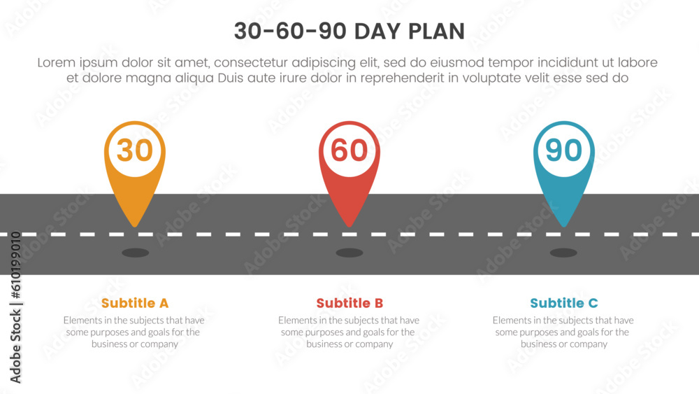 30-60-90 day plan management infographic 3 point stage template with ...