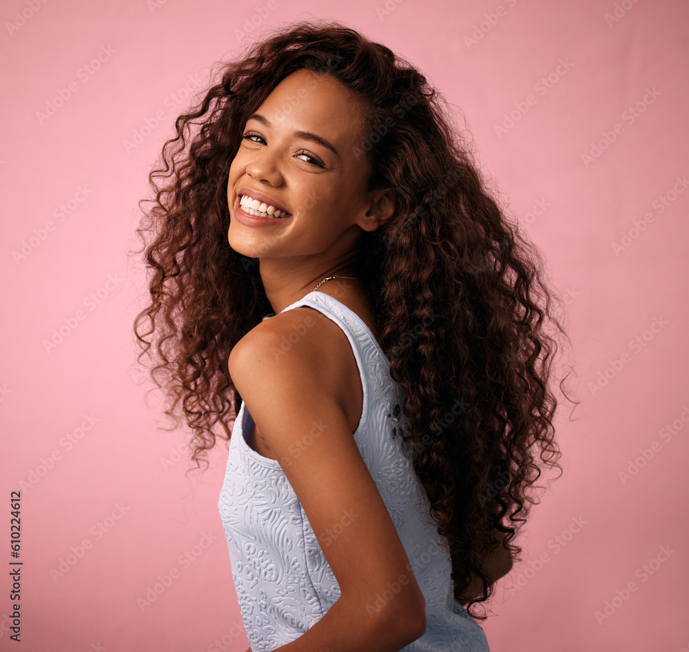 Hair care, portrait and woman in a studio with a natural, long and ...