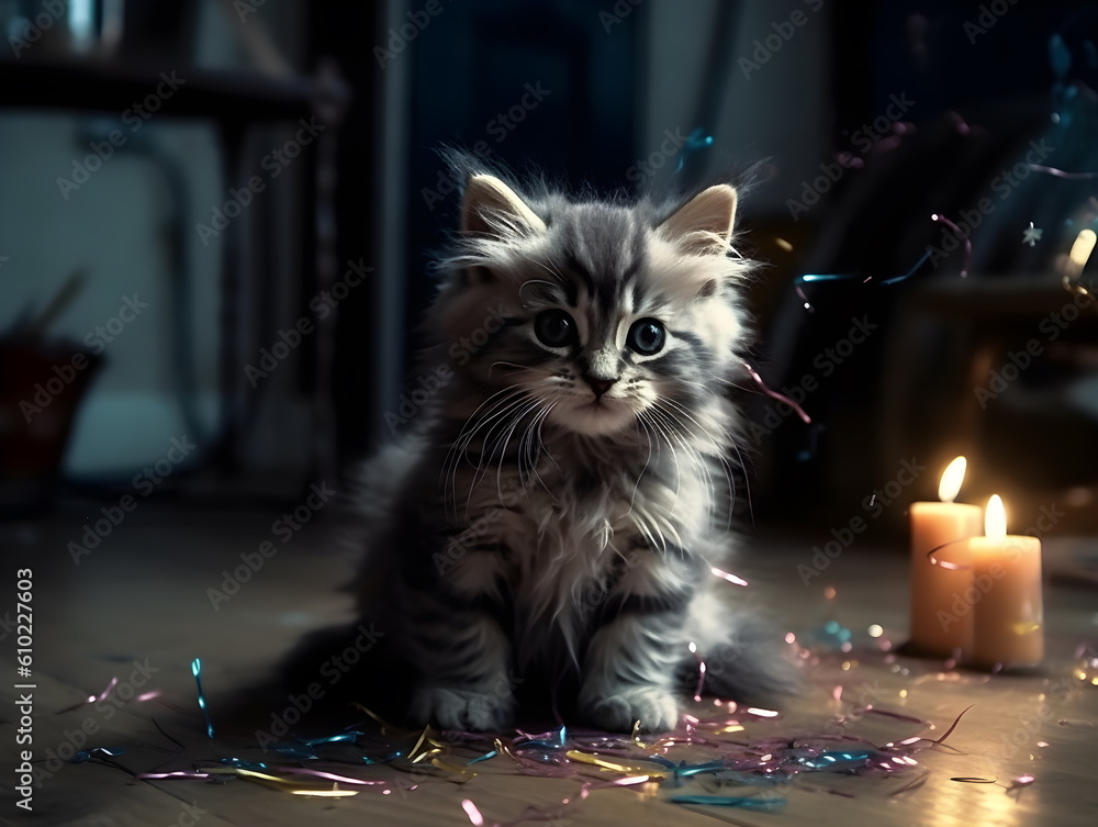 Handsome young tabby Maine Coon cat, sitting up near birthday cake with ...