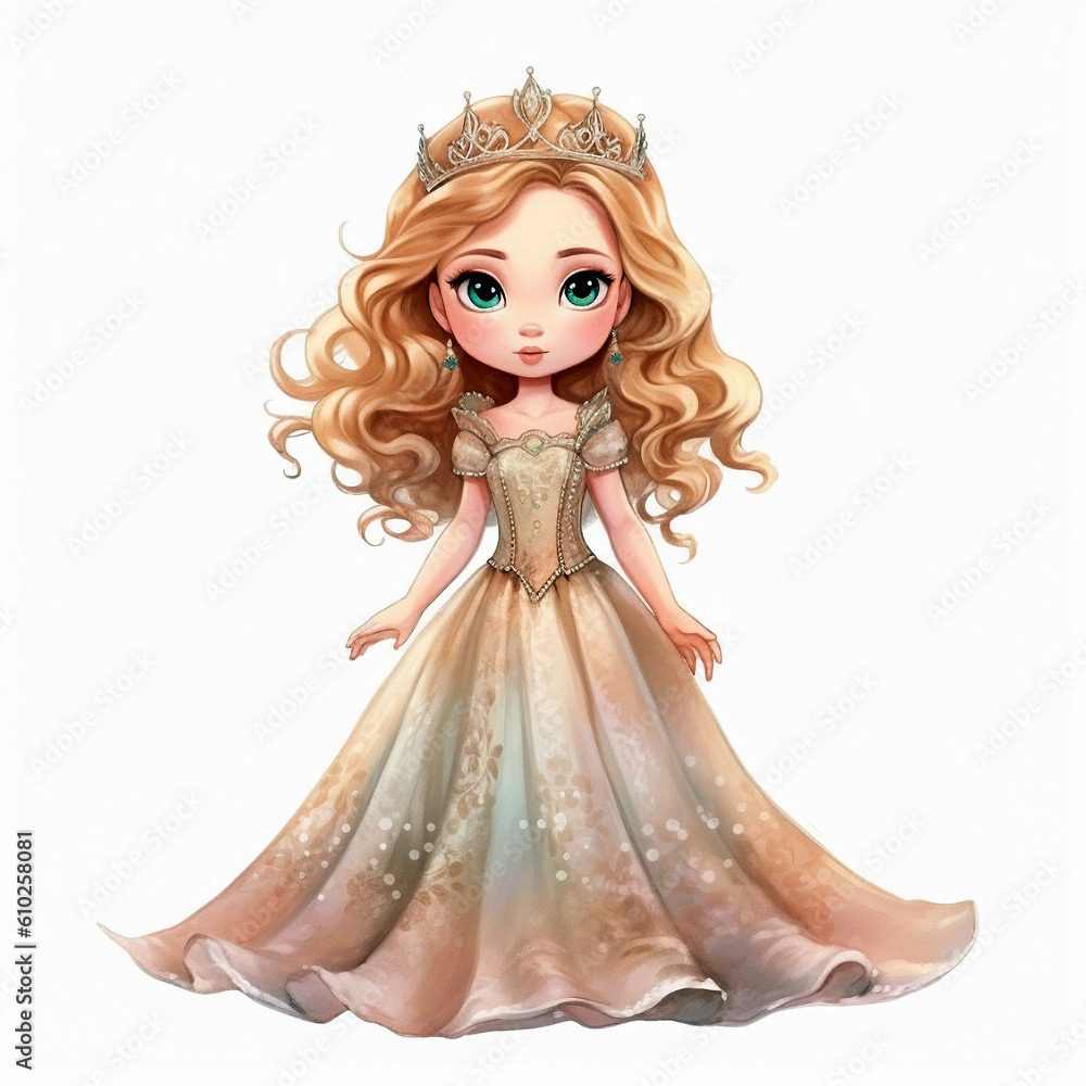 Portrait of cute cartoon little girl in princess costume, isolated on ...