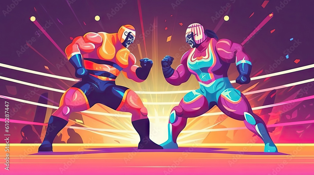 Lucha Libre wrestling masks fighting in arena. Cartoon illustration of ...