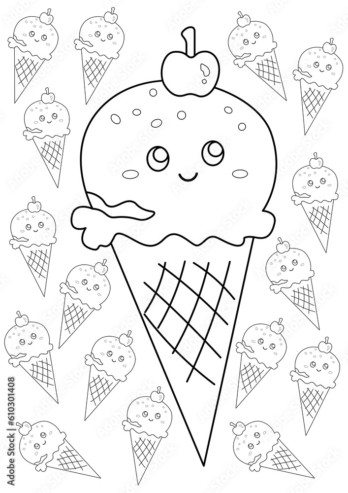 Cute Ice Cream Cone Stick Cup Scoop Dessert Doodle Cartoon Coloring ...