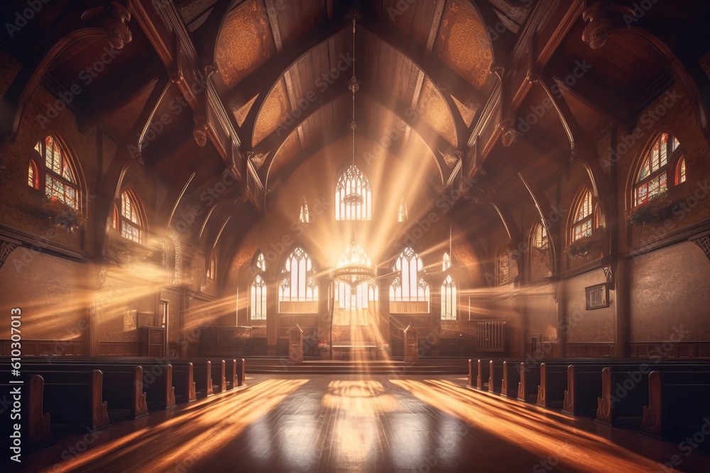 Detailed Church room hall, chapel, prayer, God rays, light rays ...
