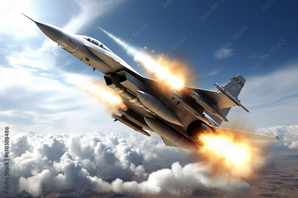 Stock-Illustration „Fighter jet engaged in a high-stakes aerial battle ...