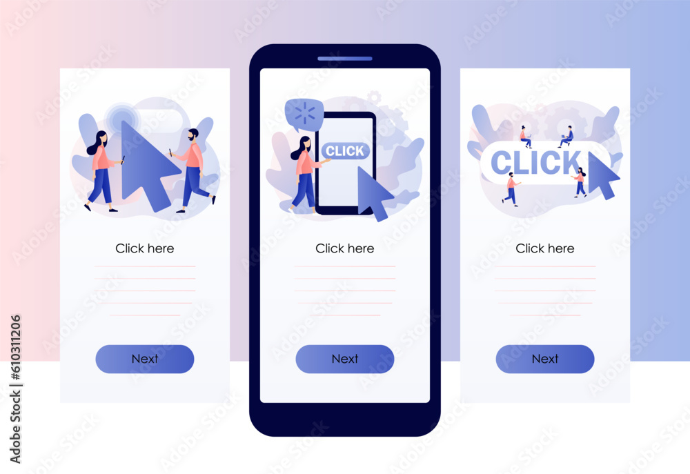 Click here button. Cursor pointer sign. Tiny people with huge mouse arrow click. Internet ...