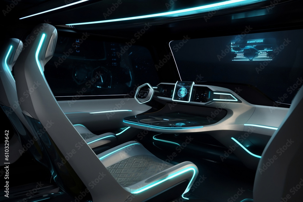 Black driverless car interior with futuristic dashboard for autonomous ...