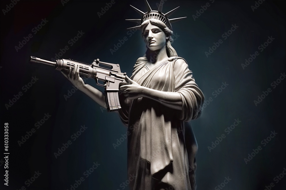 Statue of Liberty holding a machine gun on dark background. Gun ...