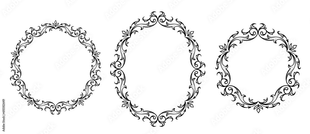 Floral black and white Frames Collection in line style. Set of cute retro calligraphic frames ...