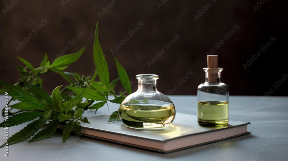 Generative AI, Glass bottle filled with medicinal marijuana oil ...
