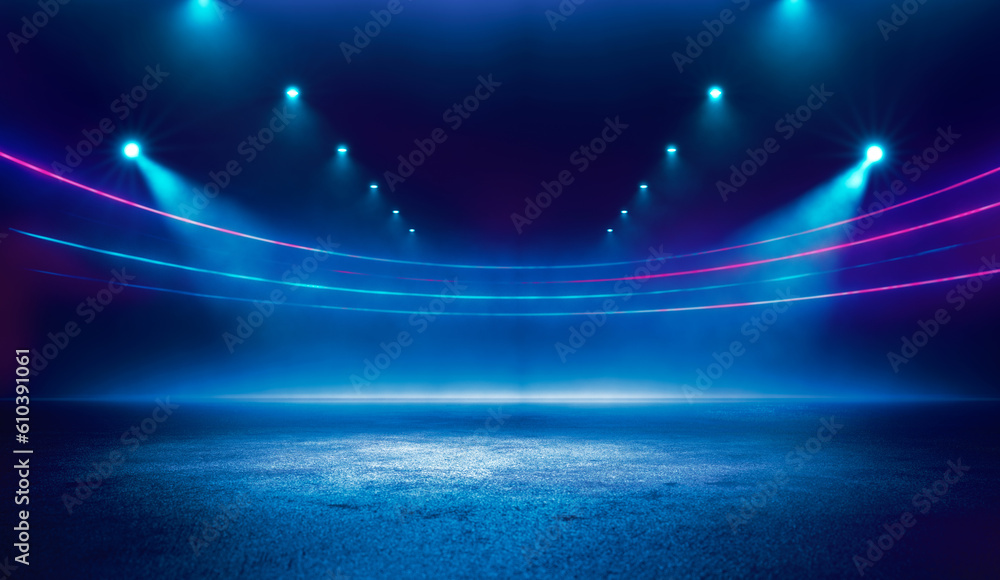 Abstract blue neon stadium background illuminated with lamps on ground ...